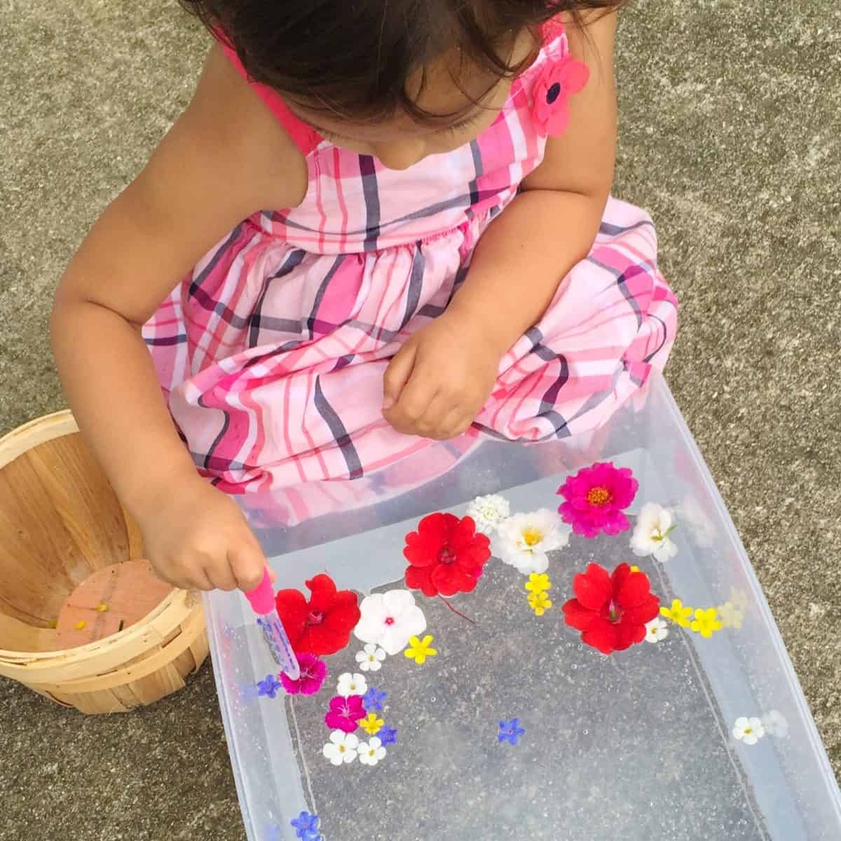 3 fun ways to play with a simple flower sensory bin - Twitchetts
